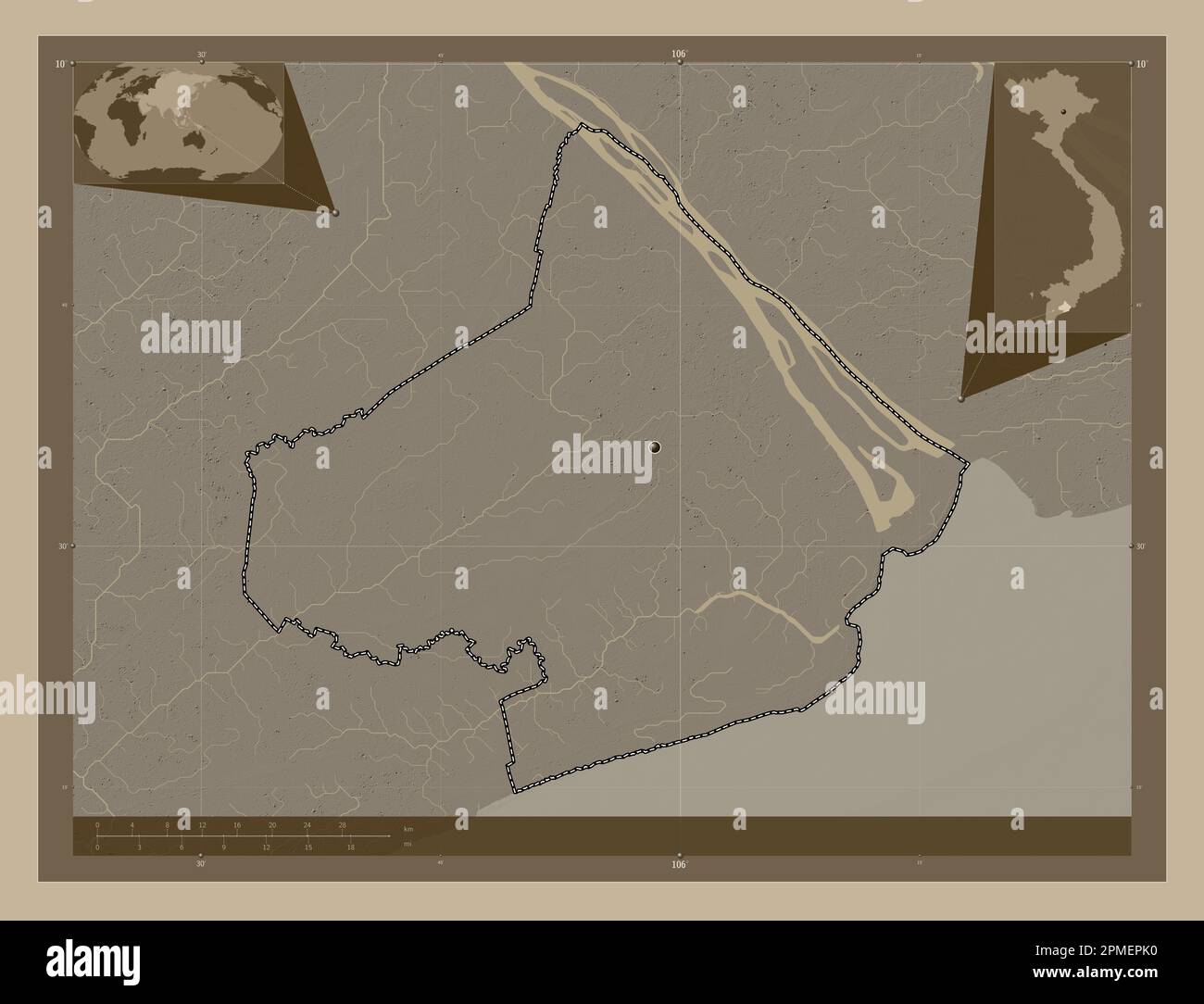 Soc Trang, province of Vietnam. Elevation map colored in sepia tones ...