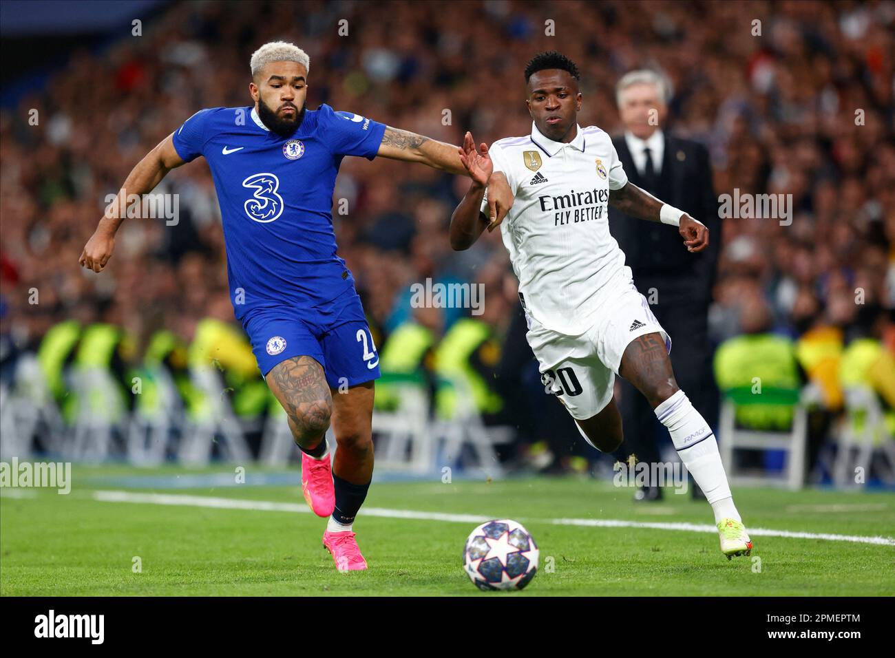 Madrid, Spain. 12th Apr, 2023. Reece James of Chelsea FC and Vinicius Junior of Real Madrid CF ...