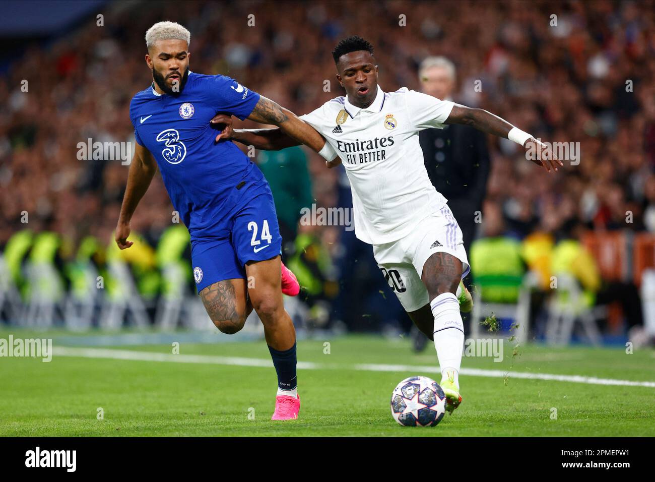Madrid, Spain. 12th Apr, 2023. Reece James of Chelsea FC and Vinicius ...