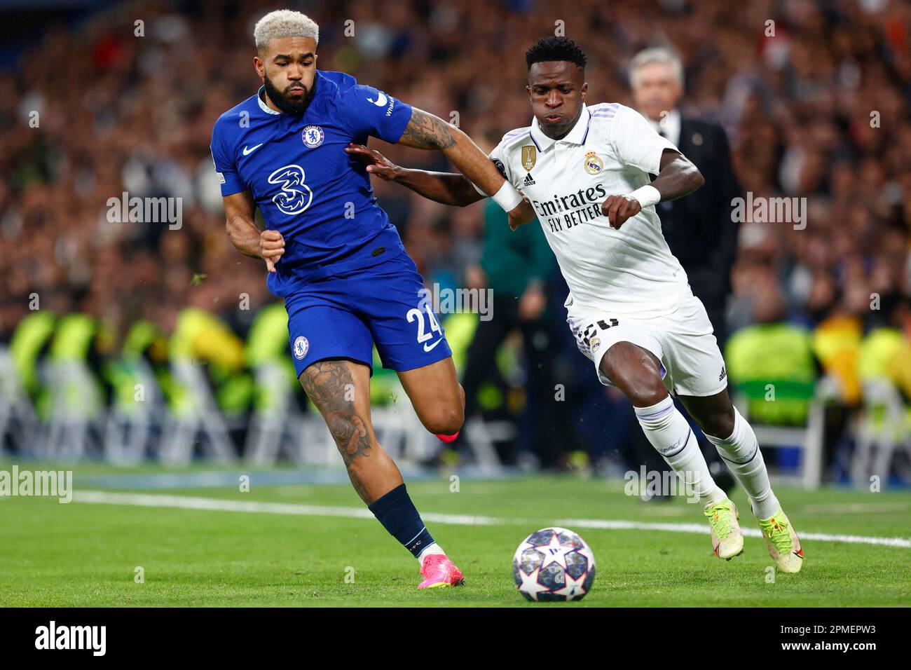 Madrid, Spain. 12th Apr, 2023. Reece James of Chelsea FC and Vinicius Junior of Real Madrid CF ...