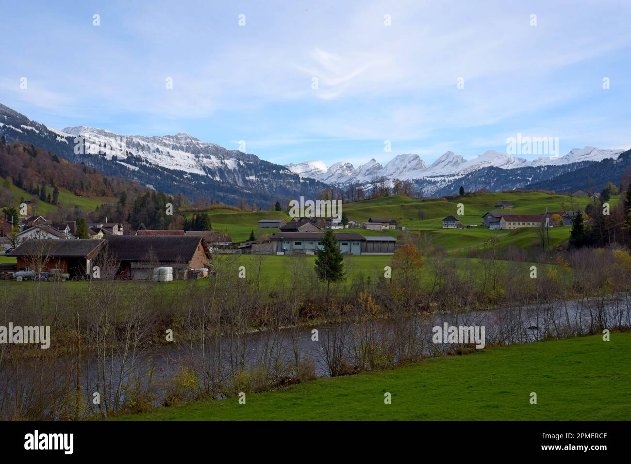 A view of Krummenau village and snow on the mountains in the St Gallen ...