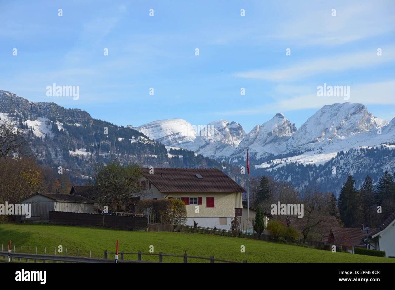 A view of Krummenau village and snow on the mountains in the St Gallen ...