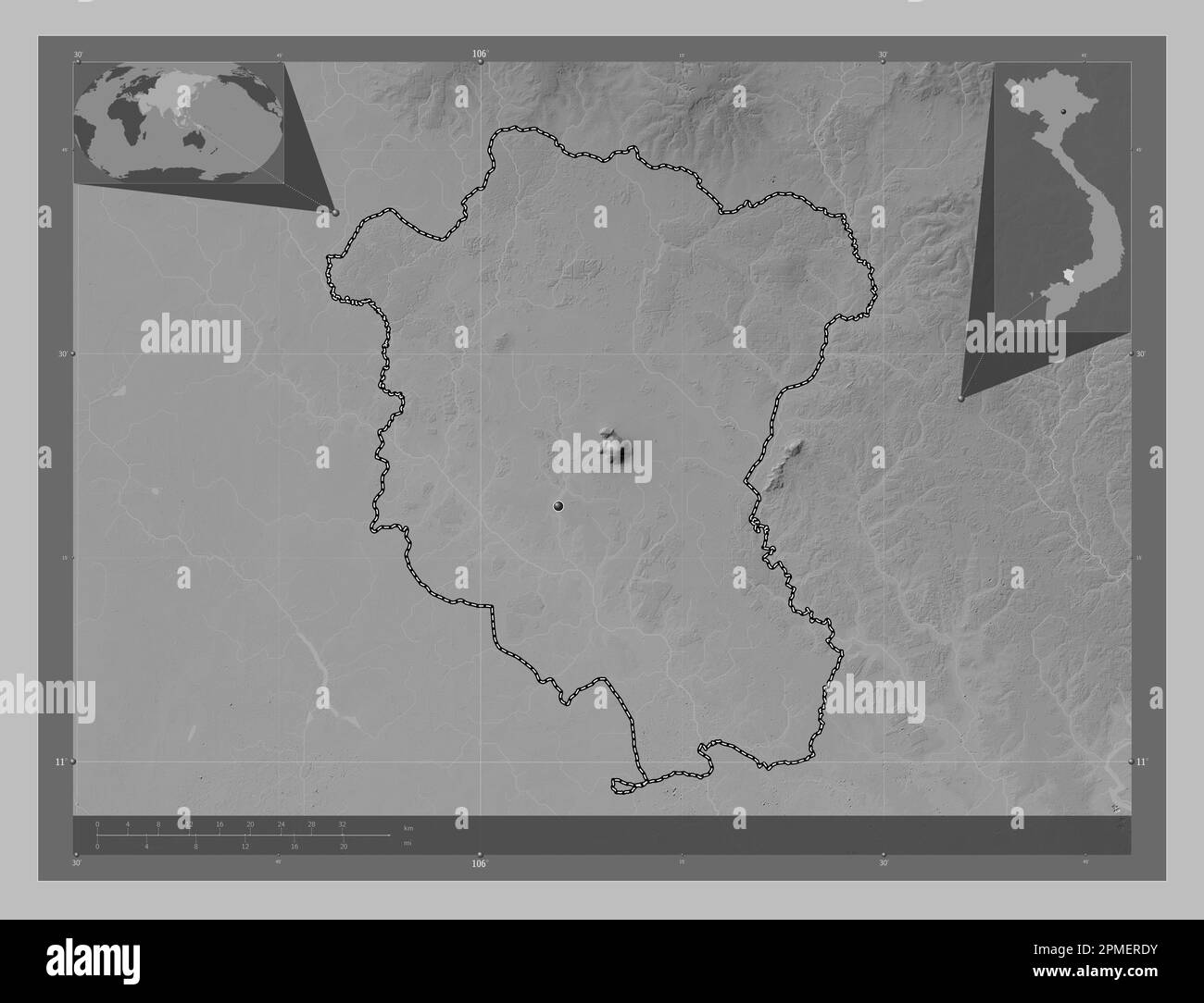 Tay Ninh, province of Vietnam. Grayscale elevation map with lakes and ...