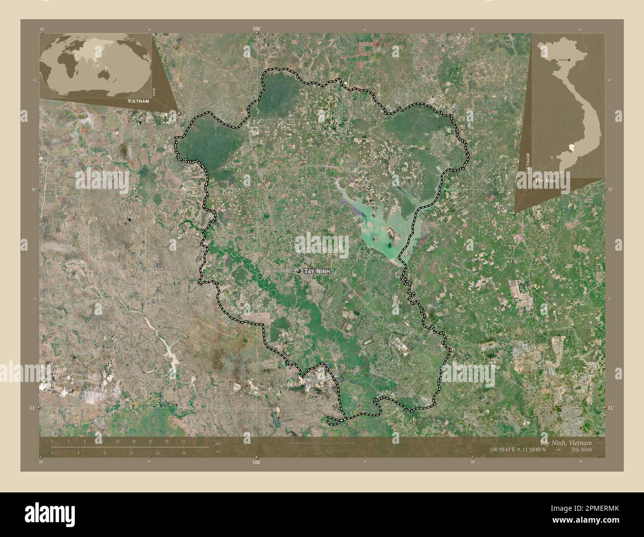 Tay Ninh, province of Vietnam. High resolution satellite map. Locations ...