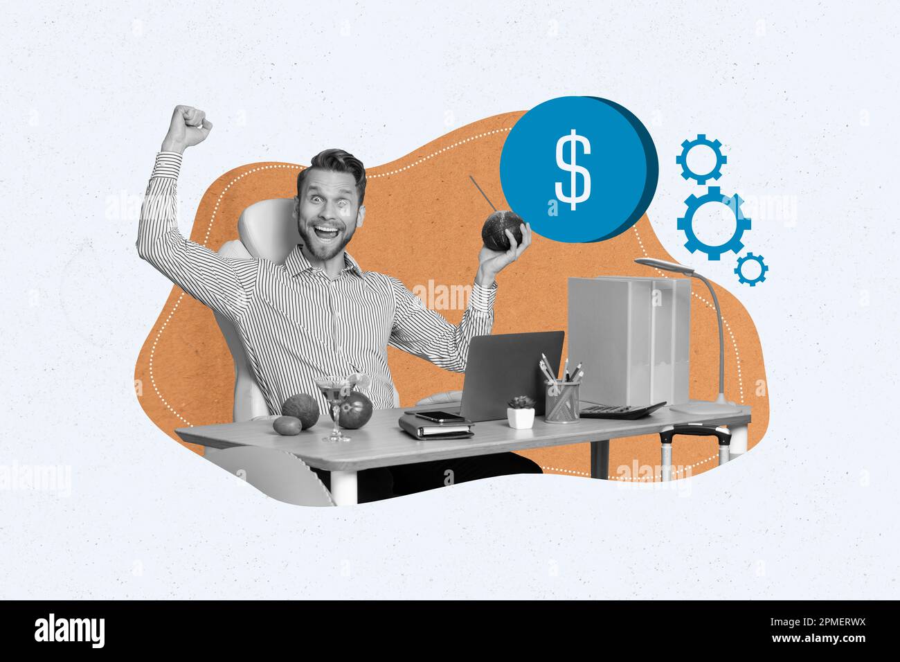 Poster banner collage of entrepreneur guy sit desk get email earnings ...