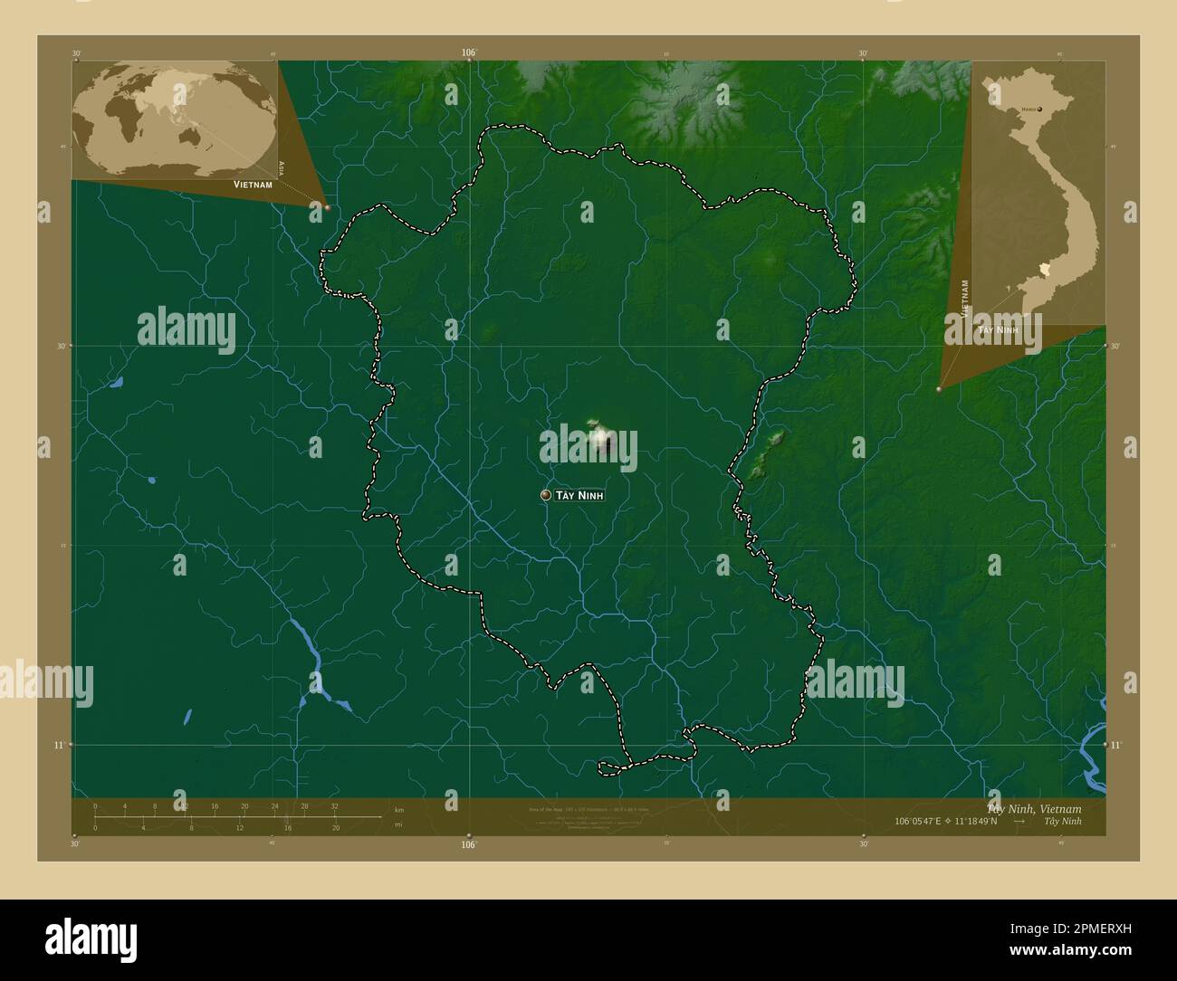 Tay Ninh, province of Vietnam. Colored elevation map with lakes and ...