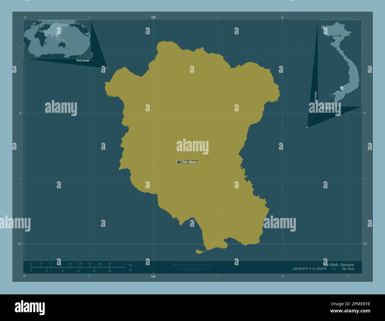 Tay Ninh, province of Vietnam. Solid color shape. Locations and names ...