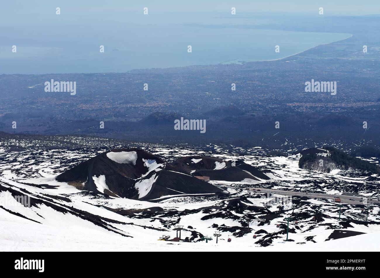 aerial landscape on volcanoes craters and eastern coast of Sicily with ...
