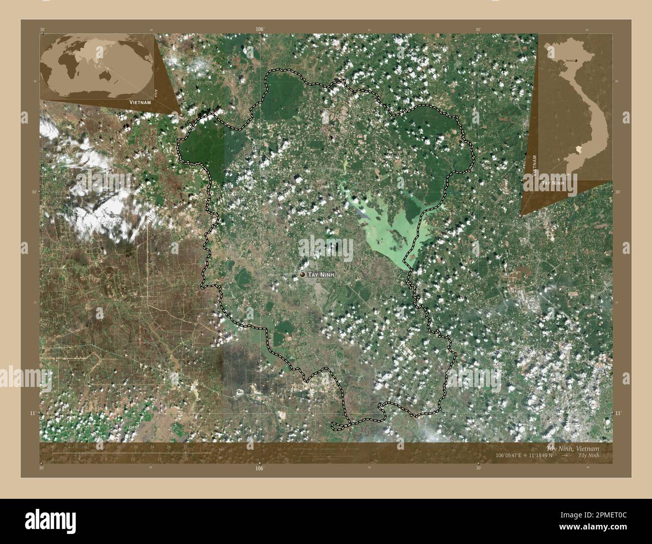 Tay Ninh, province of Vietnam. Low resolution satellite map. Locations ...