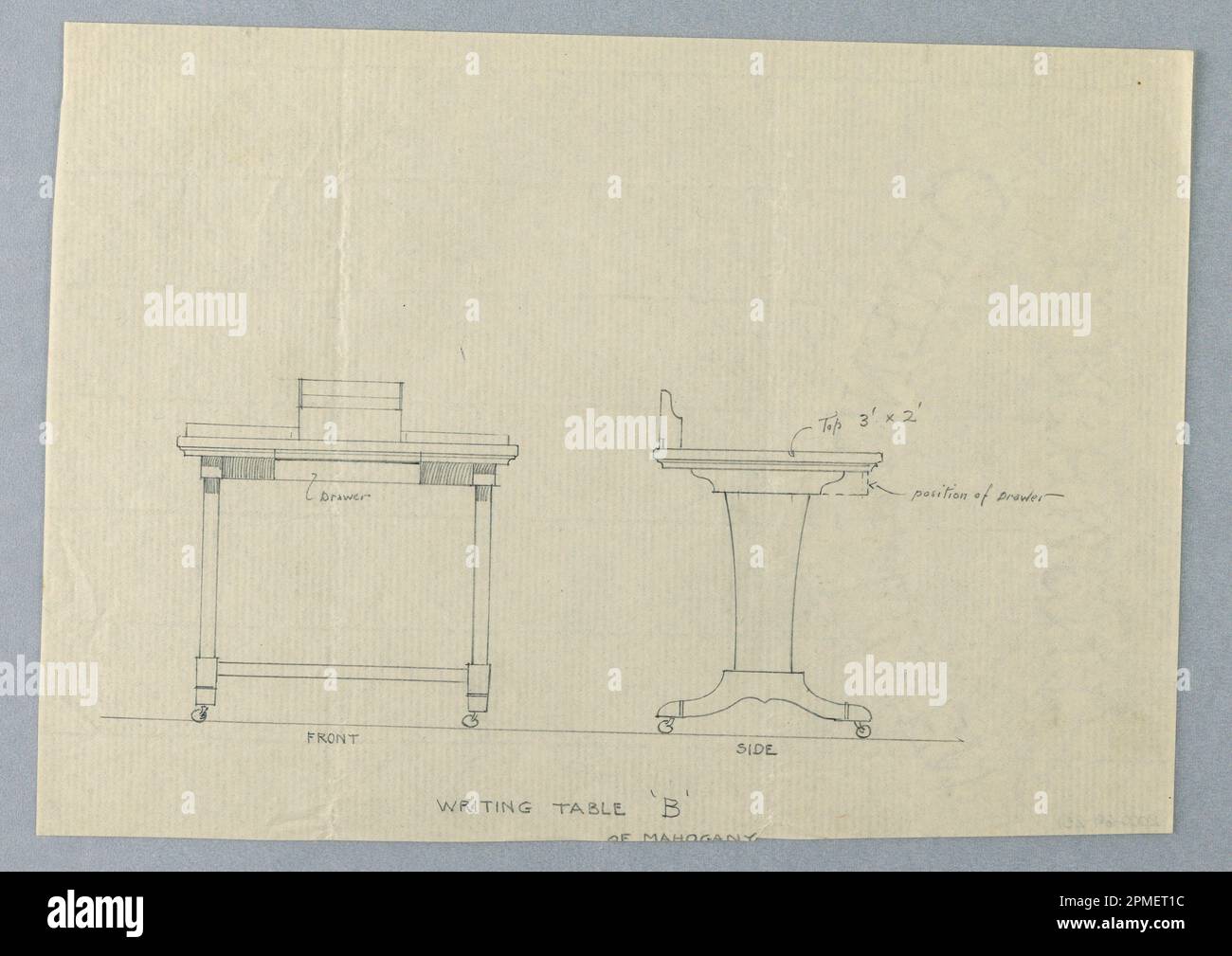 Drawing, Design for Writing Table "B" in Elevation and Side Views ...