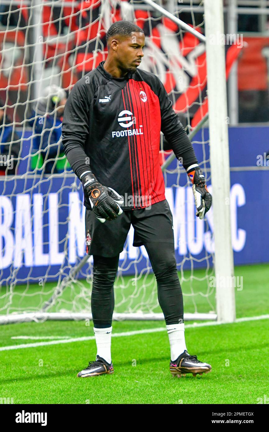 Milano, Italy. 12th Apr, 2023. Goalkeeper Mike Maignan of AC Milan is ...