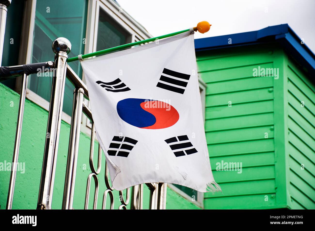 Flag of Korea or korean nation on steel pole at outdoor of house home ...