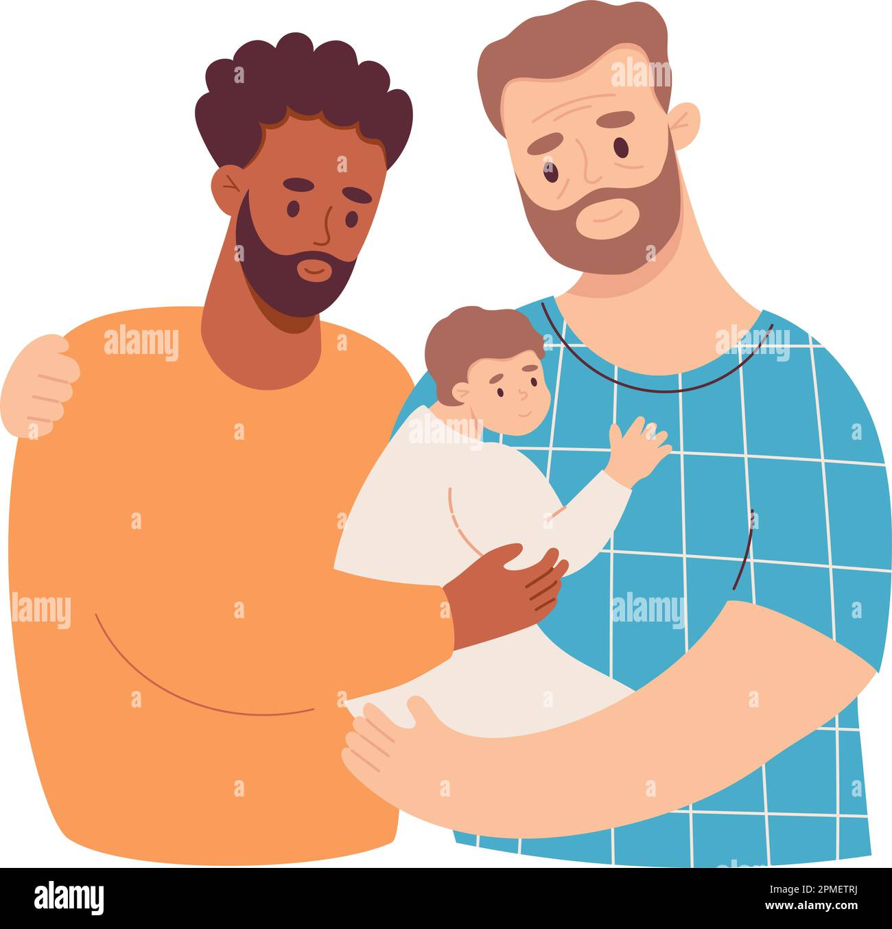 Happy interracial lgbt family. Cute fair-skinned adult man with baby in ...