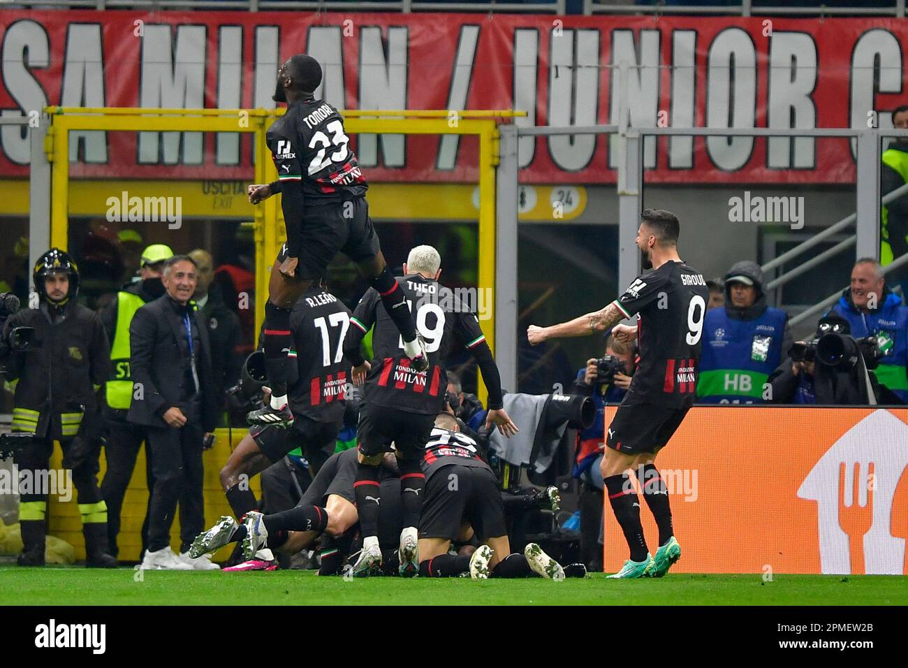 Milano, Italy. 12th Apr, 2023. Ismael Bennacer (4) of AC Milan scores for 1-0 during the UEFA ...