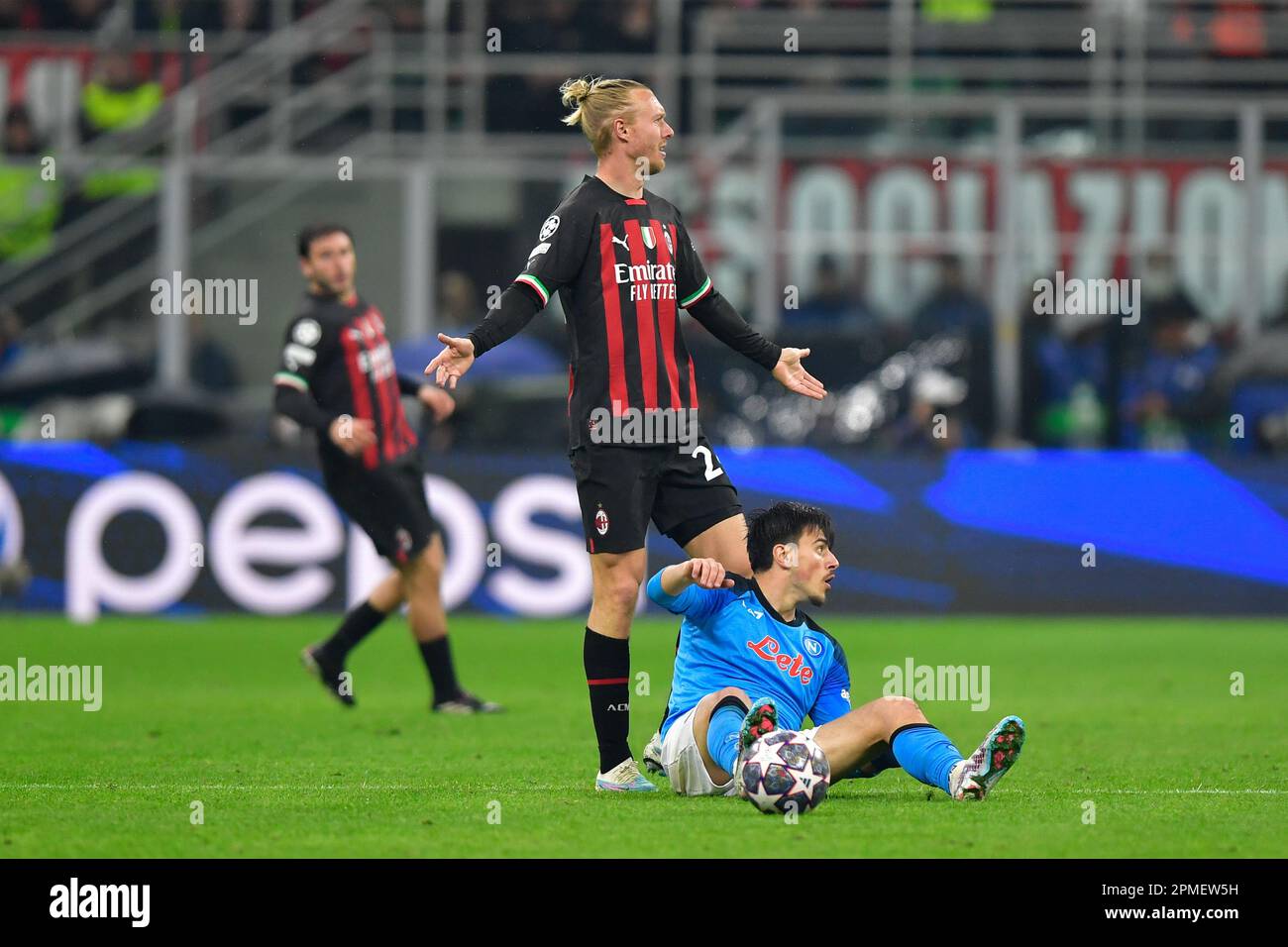 Milano, Italy. 12th Apr, 2023. Simon Kjaer (24) of AC Milan and Eljif ...
