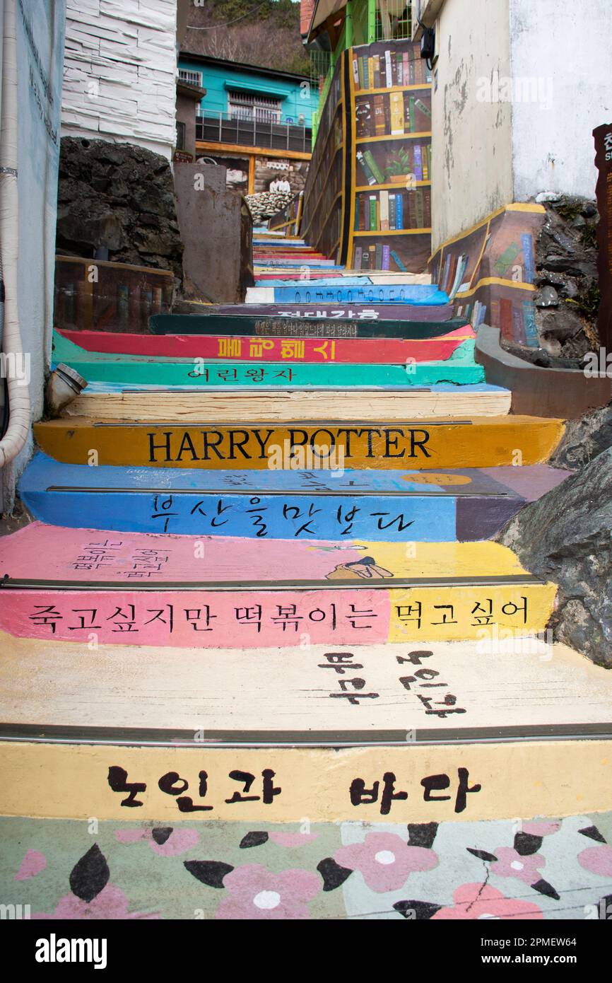 Colorful stairs step art in small alley for korean people and foreign ...