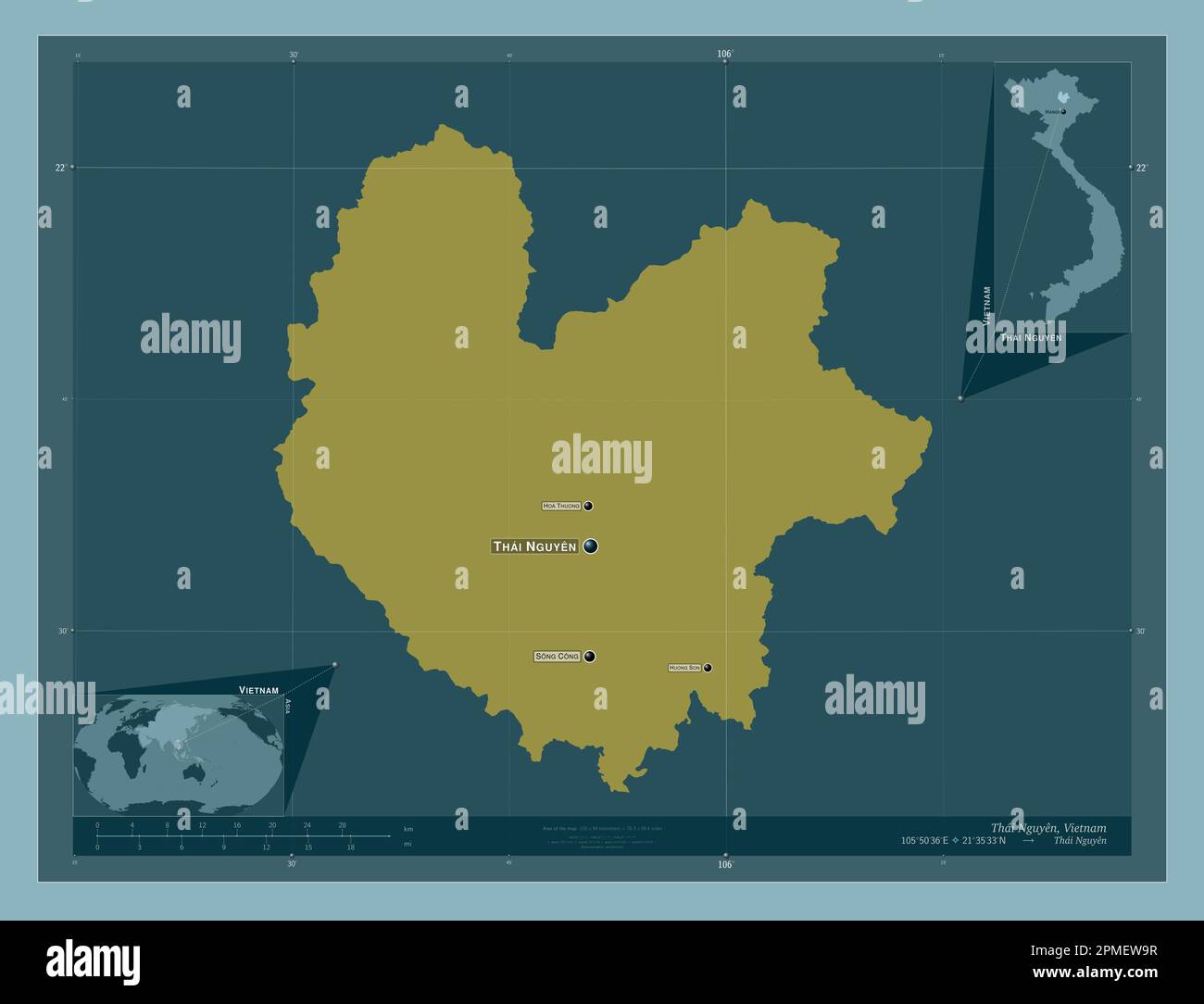 Thai Nguyen, province of Vietnam. Solid color shape. Locations and ...