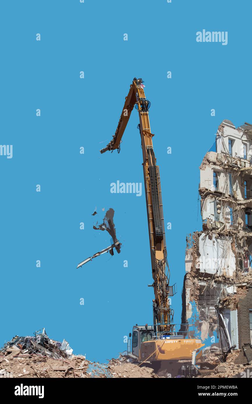 Closeup illustration of a tall demolition machine demolishing a high ...