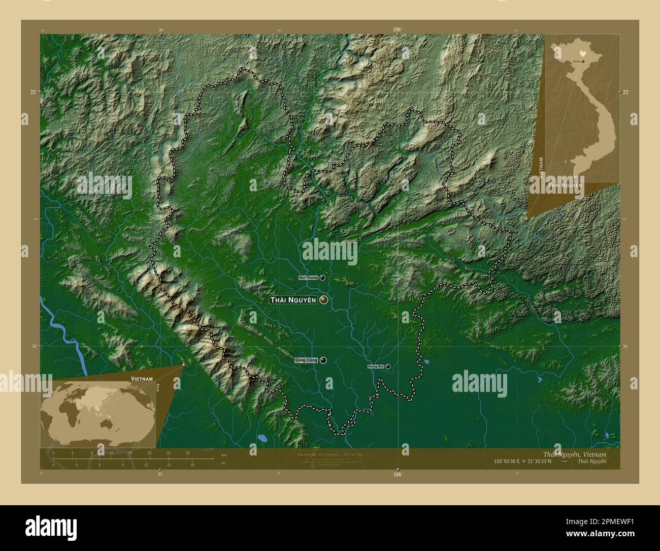 Thai Nguyen, province of Vietnam. Colored elevation map with lakes and ...