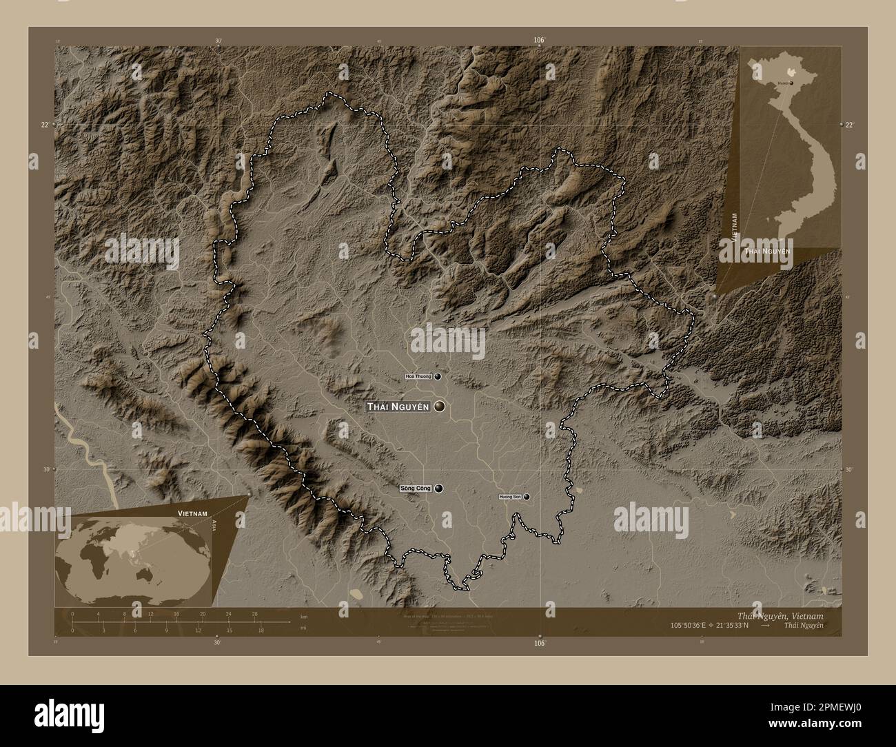 Thai Nguyen, province of Vietnam. Elevation map colored in sepia tones ...