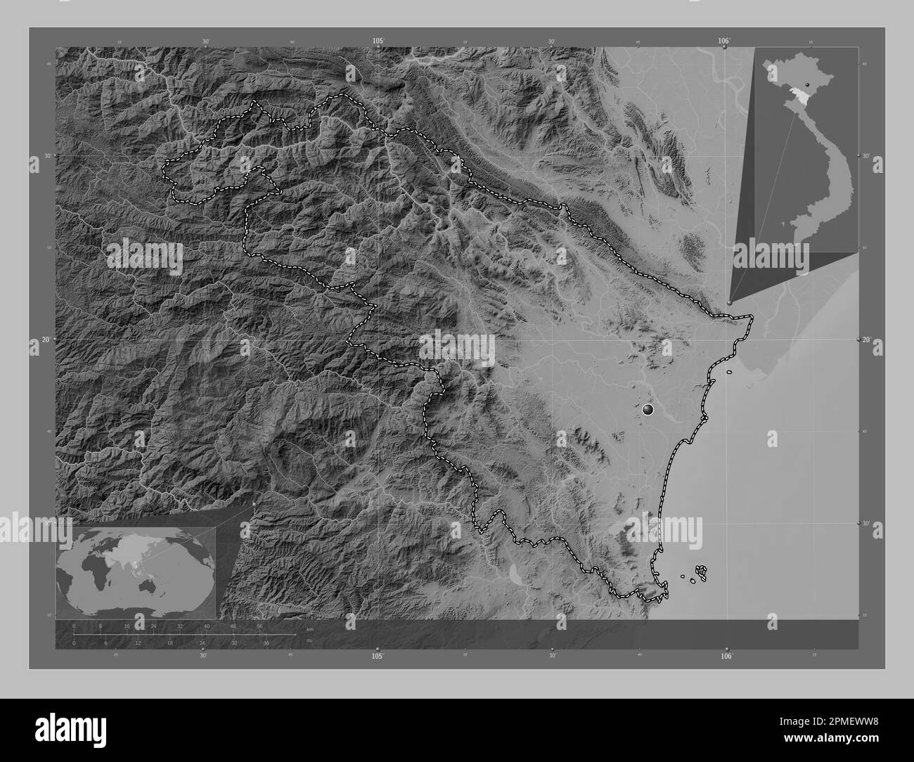 Thanh Hoa, province of Vietnam. Grayscale elevation map with lakes and ...