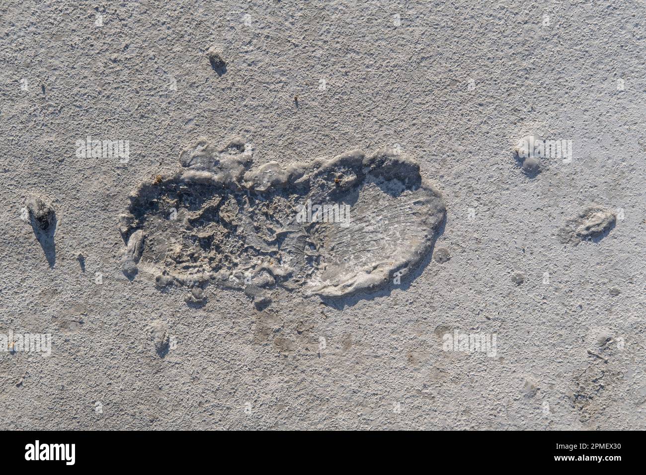 The footprint of a shoe on a gray background of cracked cement ...