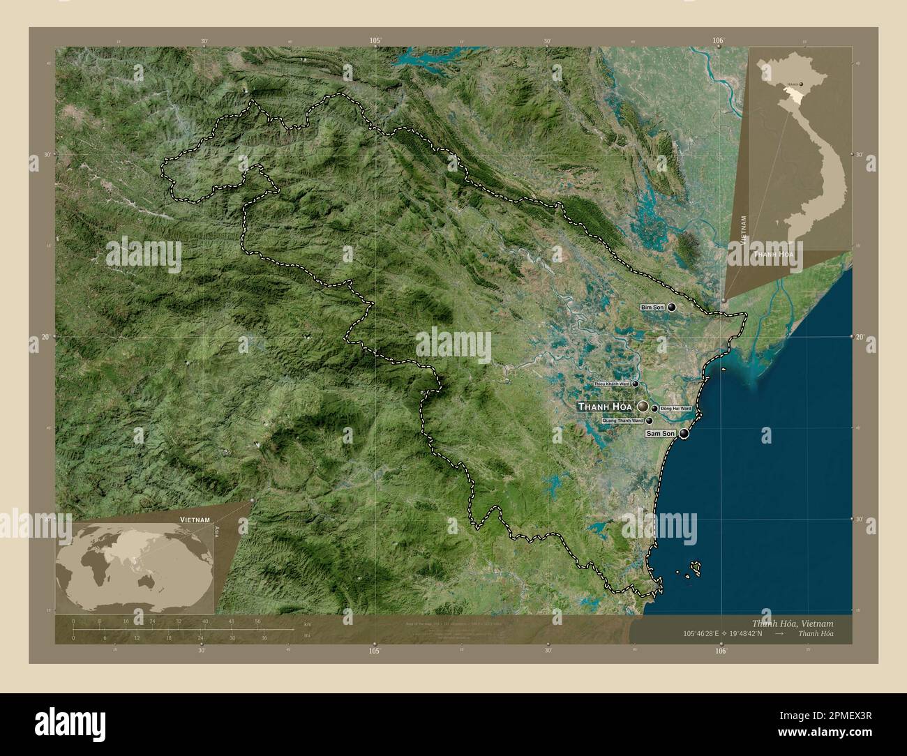 Thanh Hoa, province of Vietnam. High resolution satellite map. Locations and names of major ...