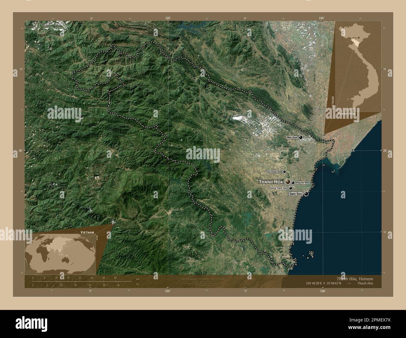 Thanh Hoa, province of Vietnam. Low resolution satellite map. Locations and names of major ...