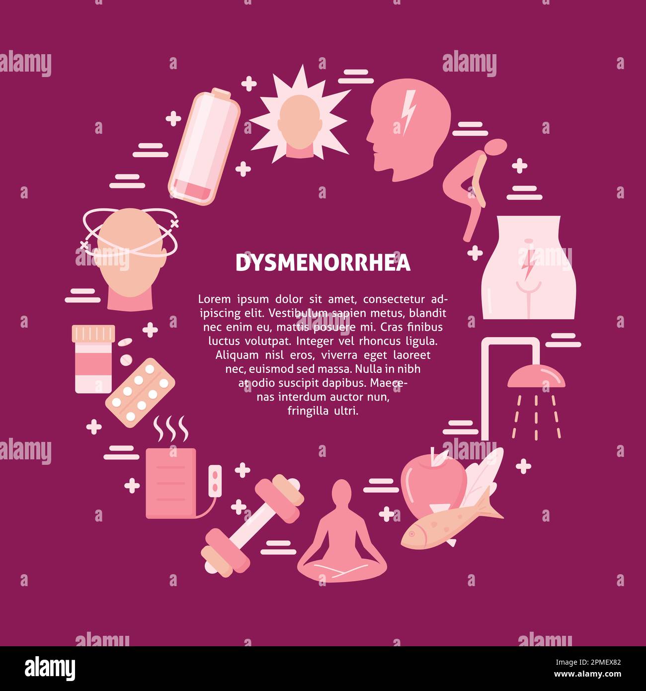 Menstruation pain round concept banner in flat style. Dysmenorrhea ...