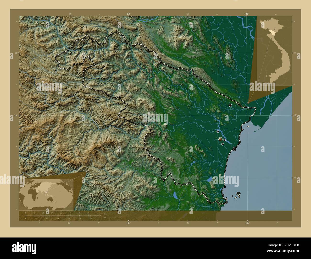 Thanh Hoa, province of Vietnam. Colored elevation map with lakes and ...