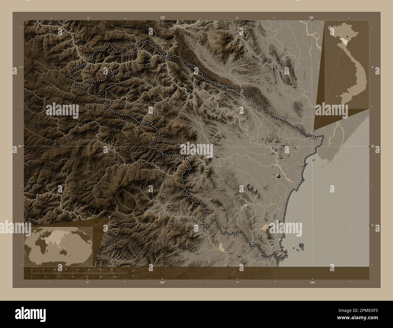 Thanh Hoa, province of Vietnam. Elevation map colored in sepia tones ...
