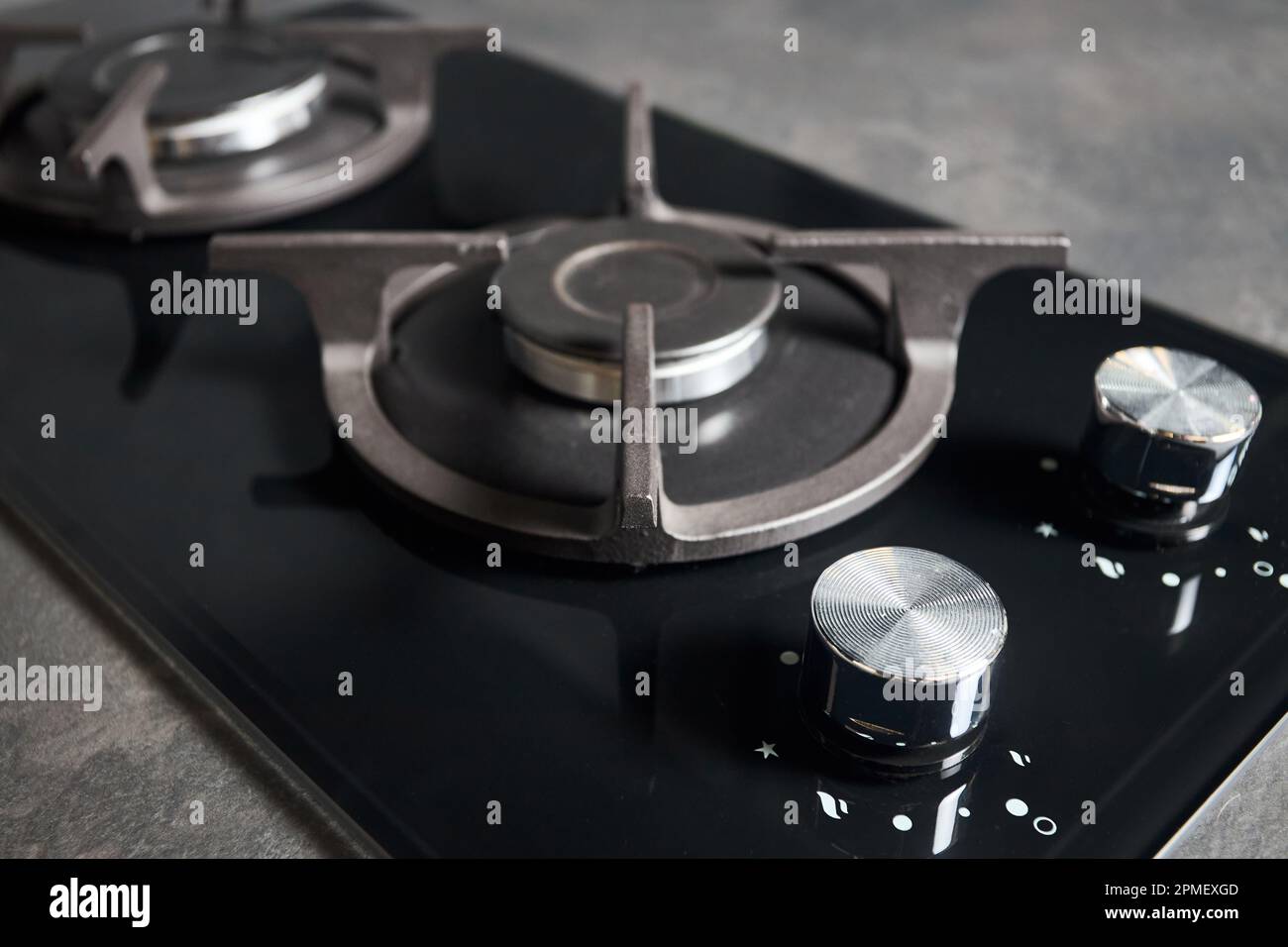 Contemporary black tempered glass gas stove hob with Two burners with ...