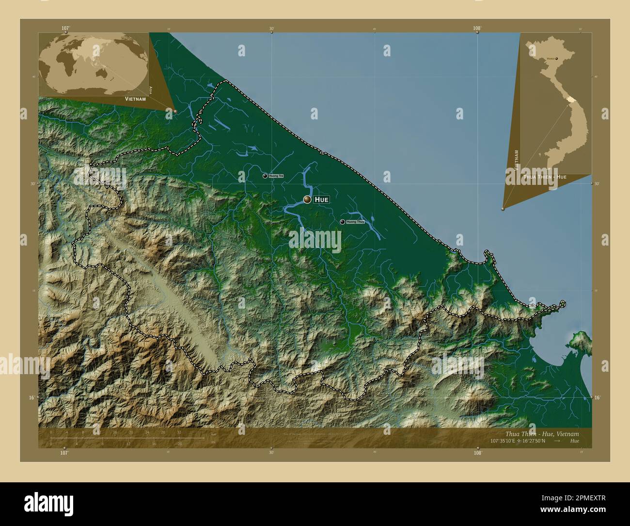 Thua Thien - Hue, province of Vietnam. Colored elevation map with lakes ...