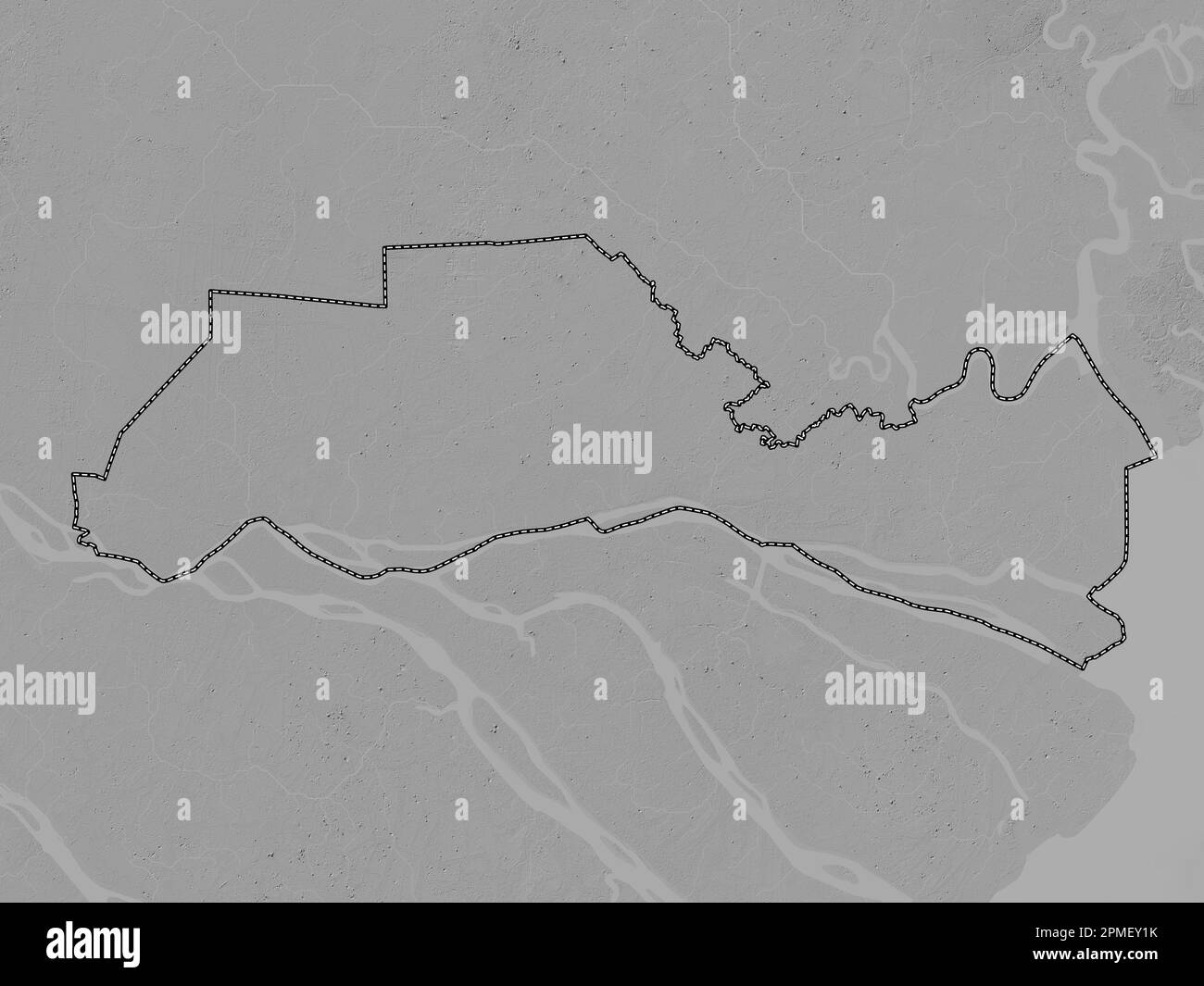 Tien Giang, province of Vietnam. Grayscale elevation map with lakes and ...