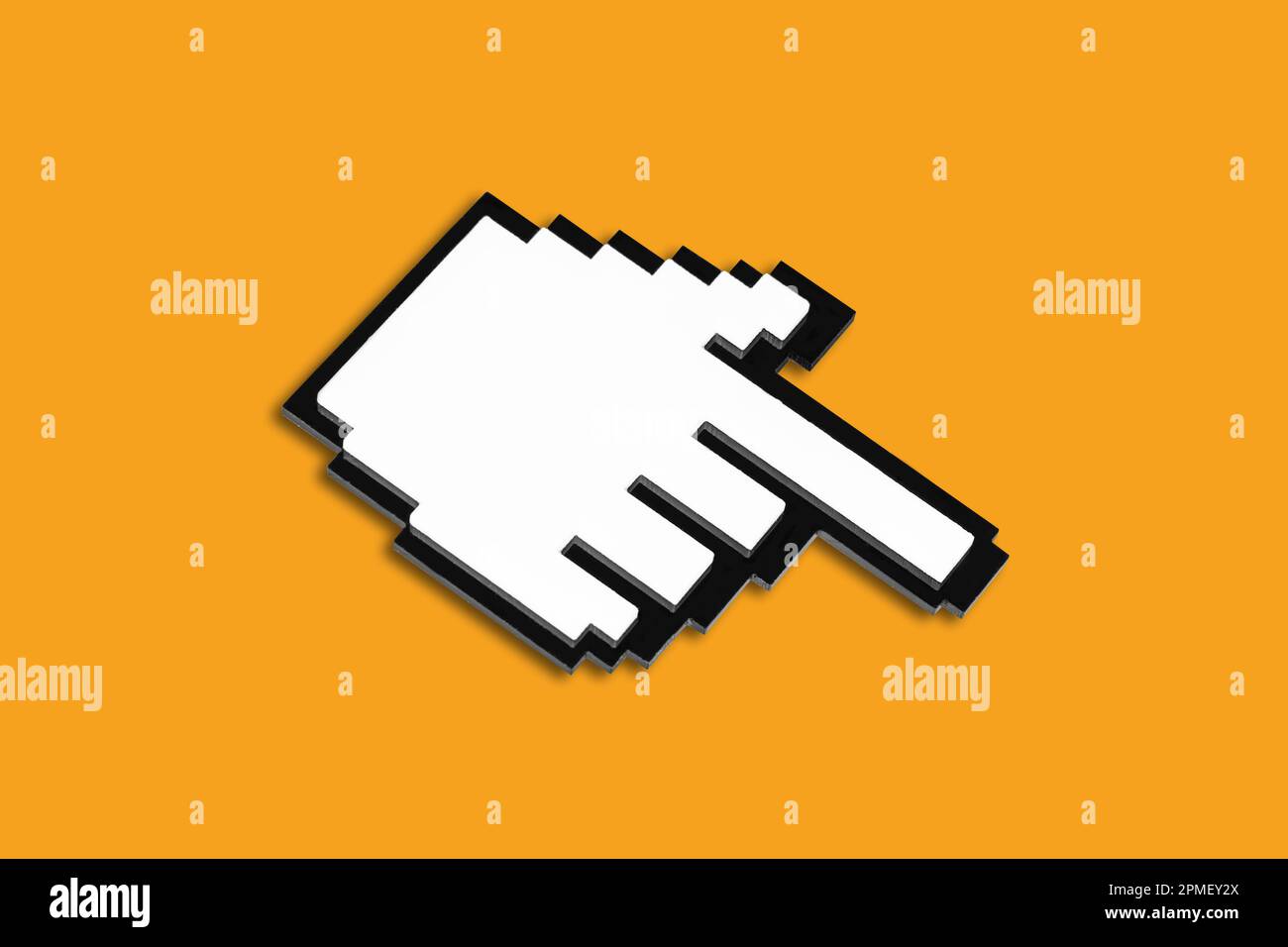 Plastic pixelated pointer cursor shape isolated on vibrant yellow ...