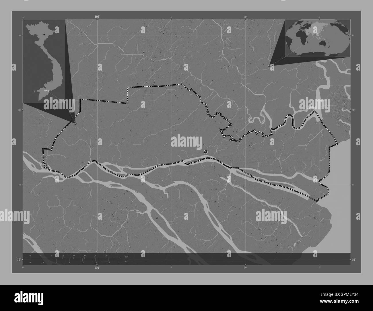 Tien Giang, province of Vietnam. Bilevel elevation map with lakes and ...