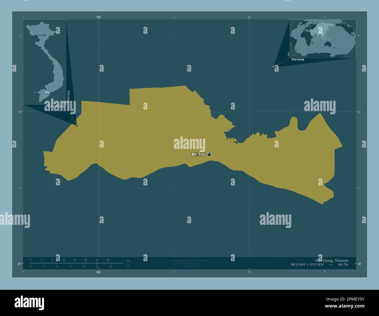 Tien Giang, province of Vietnam. Solid color shape. Locations and names ...
