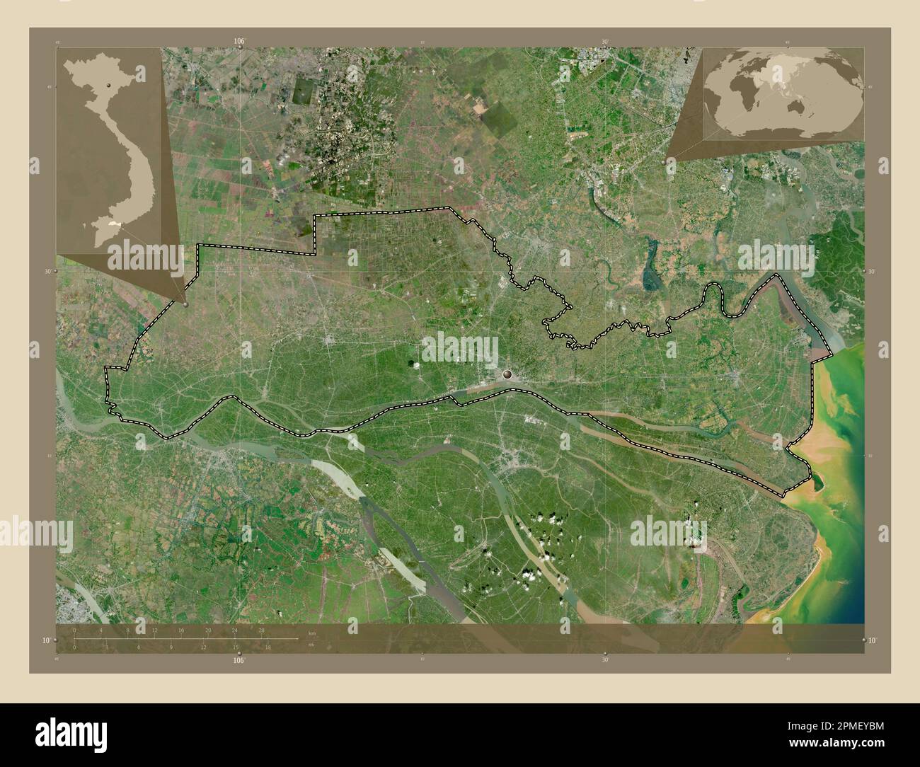 Tien Giang, province of Vietnam. High resolution satellite map. Corner ...