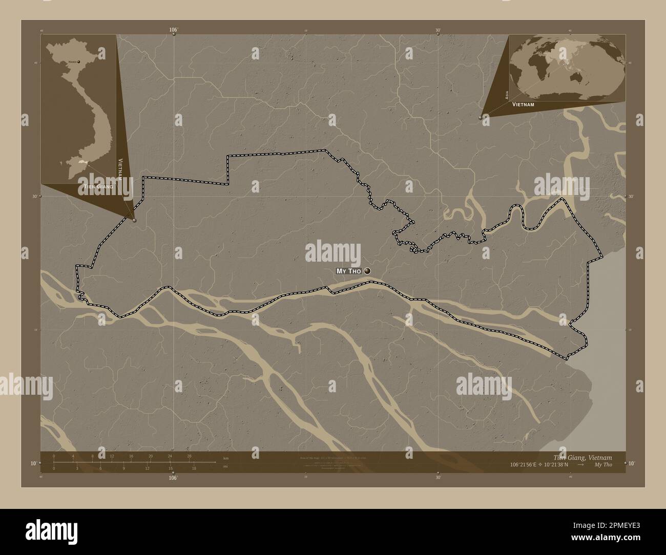 Tien Giang, province of Vietnam. Elevation map colored in sepia tones ...