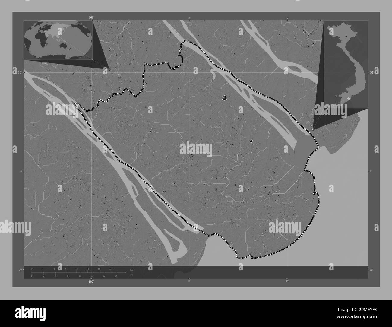 Tra Vinh, province of Vietnam. Bilevel elevation map with lakes and ...