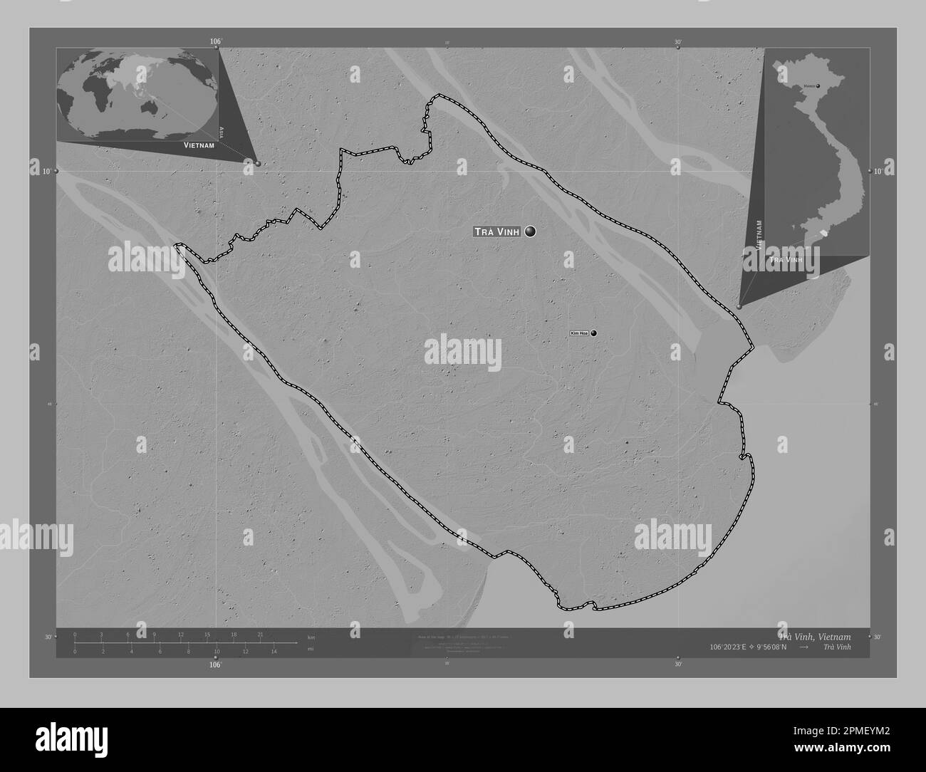 Tra Vinh, province of Vietnam. Grayscale elevation map with lakes and ...