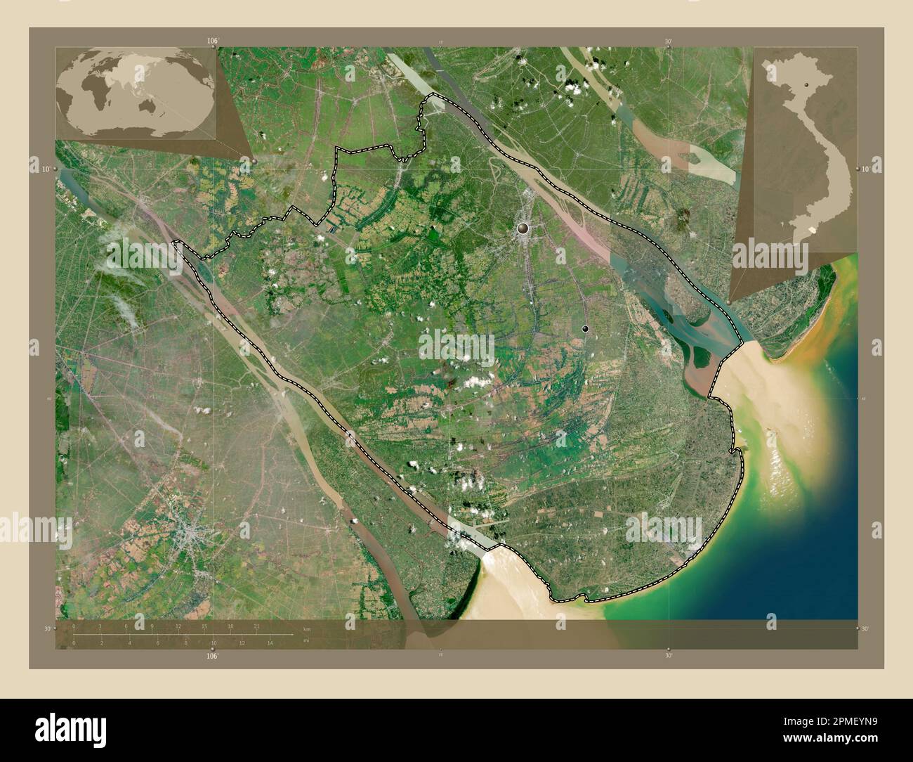 Tra Vinh, province of Vietnam. High resolution satellite map. Locations ...