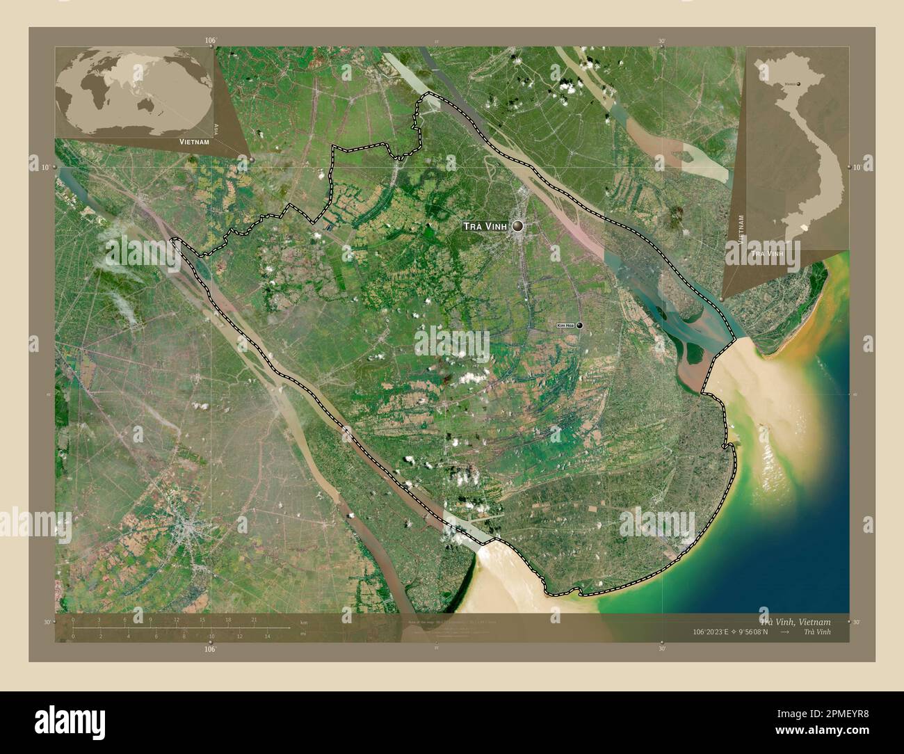 Tra Vinh, province of Vietnam. High resolution satellite map. Locations ...