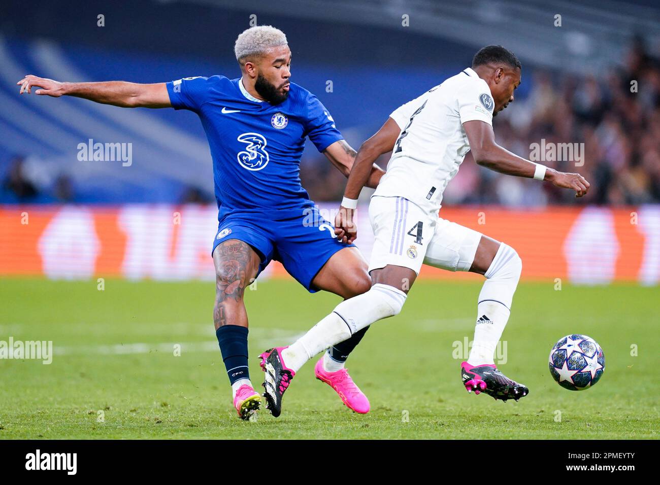Madrid, Spain. 12/04/2023, Reece James of Chelsea FC and David Alaba of ...