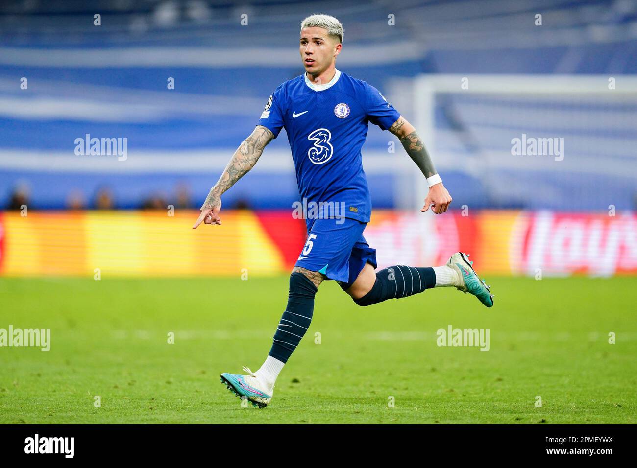 Madrid, Spain. 12/04/2023, Enzo Fernandez of Chelsea FC during the UEFA ...