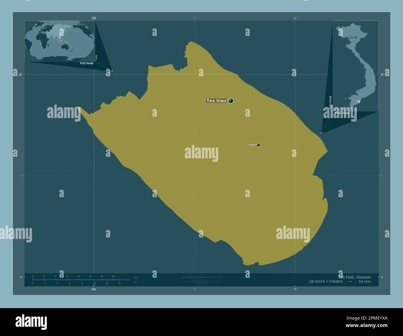 Tra Vinh, province of Vietnam. Solid color shape. Locations and names ...