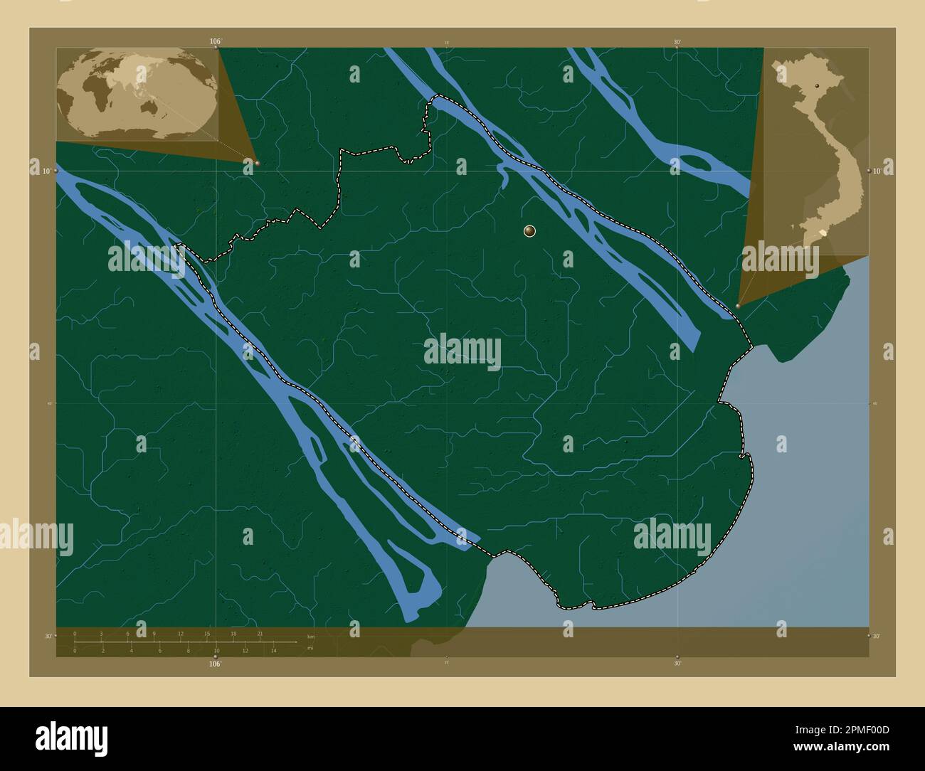 Tra Vinh, province of Vietnam. Colored elevation map with lakes and ...