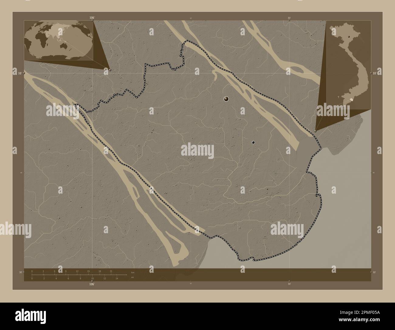 Tra Vinh, province of Vietnam. Elevation map colored in sepia tones ...