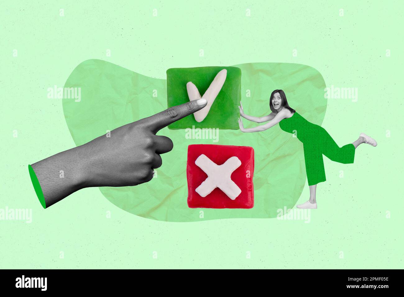 Composite collage picture image of excited little woman push checkmark ...
