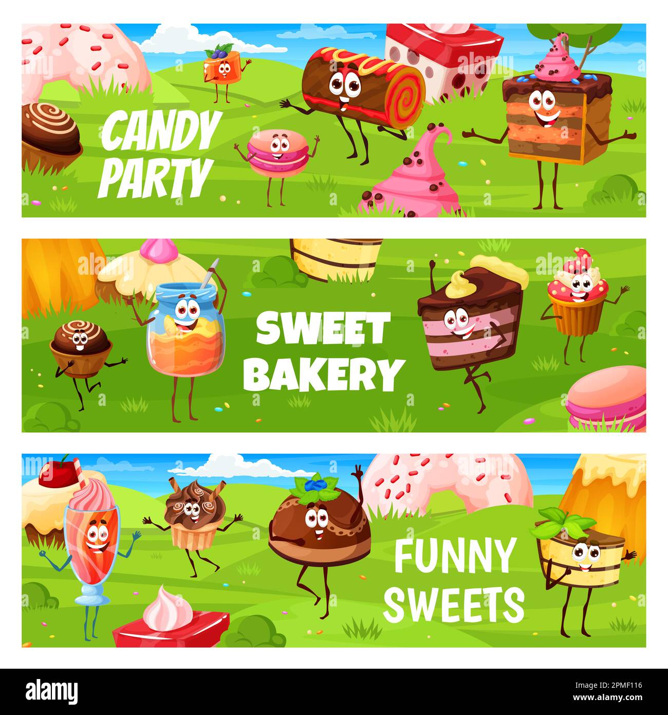 Candy party of cartoon desserts, pastry and cake characters having fun ...